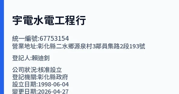 宇電水電工程行的照片-統編 67753154(彰化縣) 公司登記資料與營業項目詳細圖表