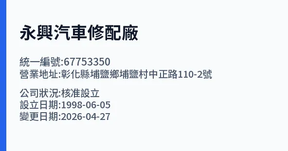 永興汽車修配廠的照片-統編 67753350(彰化縣) 公司登記資料與營業項目詳細圖表