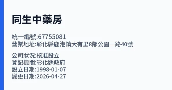 同生中藥房的照片-統編 67755081(彰化縣) 公司登記資料與營業項目詳細圖表