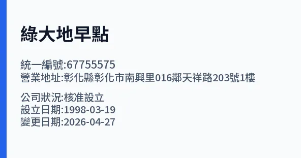 綠大地早點的照片-統編 67755575(彰化縣) 公司登記資料與營業項目詳細圖表