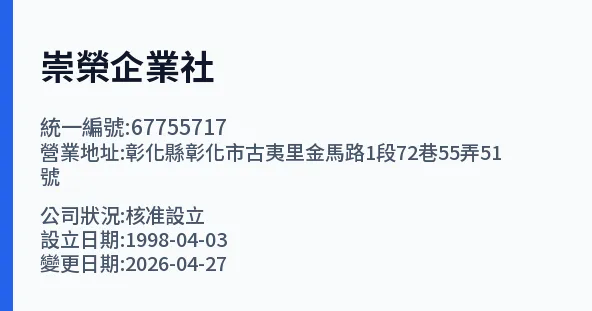 崇榮企業社的照片-統編 67755717(彰化縣) 公司登記資料與營業項目詳細圖表