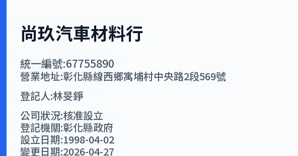 尚玖汽車材料行的照片-統編 67755890(彰化縣) 公司登記資料與營業項目詳細圖表