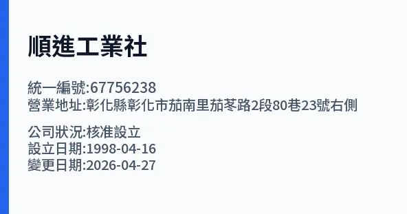 順進工業社的照片-統編 67756238(彰化縣) 公司登記資料與營業項目詳細圖表
