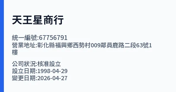 天王星商行的照片-統編 67756791(彰化縣) 公司登記資料與營業項目詳細圖表