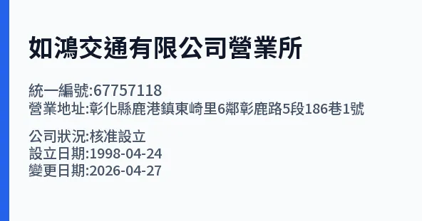 如鴻交通有限公司營業所的照片-統編 67757118(彰化縣) 公司登記資料與營業項目詳細圖表