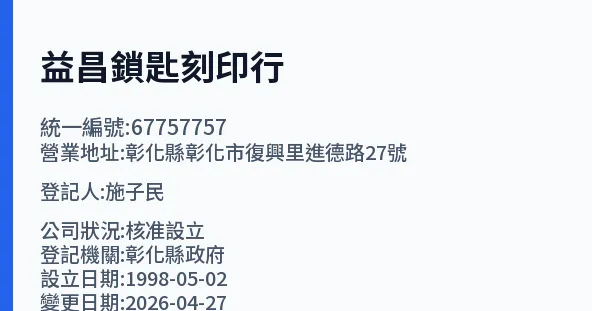 益昌鎖匙刻印行的照片-統編 67757757(彰化縣) 公司登記資料與營業項目詳細圖表