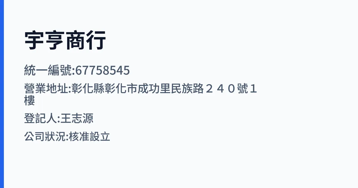 宇亨商行 - 統編 67758545(彰化縣) 公司登記資料與營業項目詳細圖表