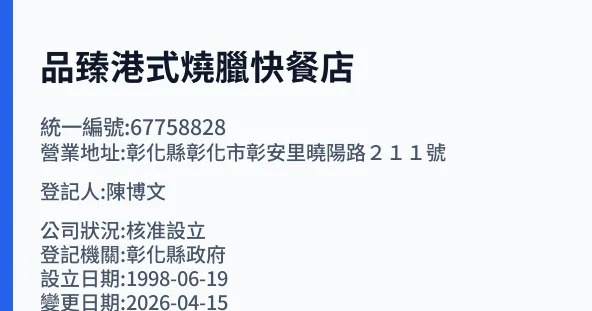 品臻港式燒臘快餐店的照片-統編 67758828(彰化縣) 公司登記資料與營業項目詳細圖表