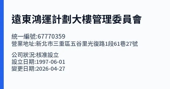 遠東鴻運計劃大樓管理委員會的照片-統編 67770359(新北市) 公司登記資料與營業項目詳細圖表