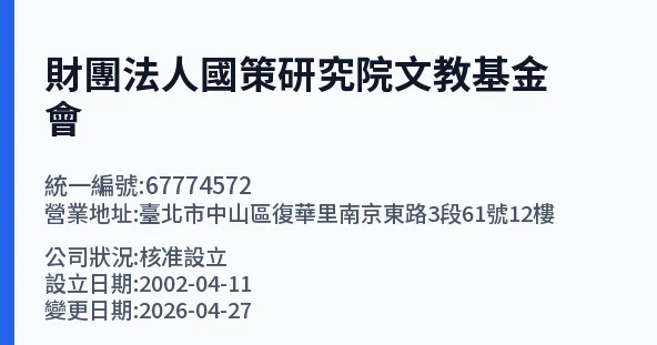 財團法人國策研究院文教基金會的照片-統編 67774572(臺北市) 公司登記資料與營業項目詳細圖表