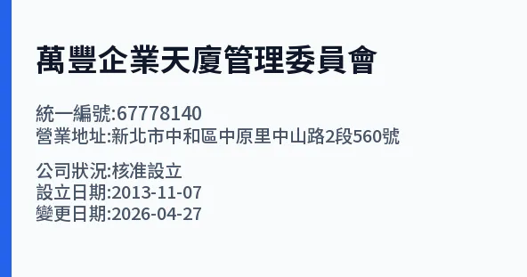 萬豐企業天廈管理委員會的照片-統編 67778140(新北市) 公司登記資料與營業項目詳細圖表