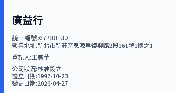 廣益行的照片-統編 67780130(新北市) 公司登記資料與營業項目詳細圖表