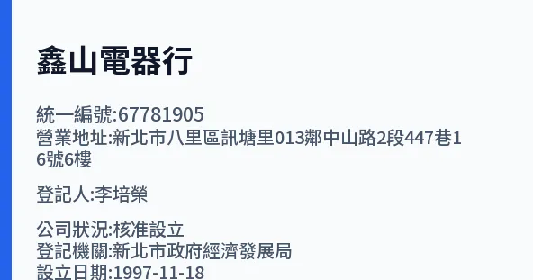 鑫山電器行的照片-統編 67781905(新北市) 公司登記資料與營業項目詳細圖表