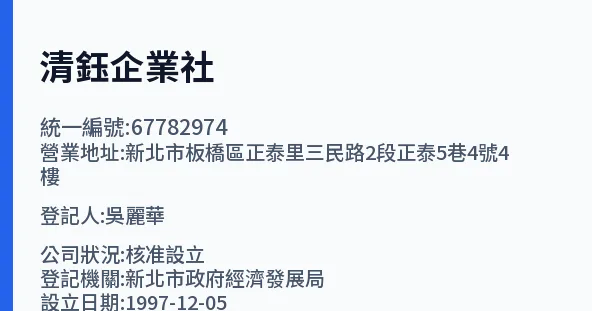 清鈺企業社的照片-統編 67782974(新北市) 公司登記資料與營業項目詳細圖表