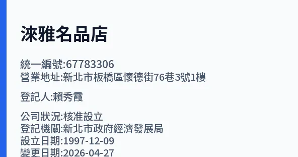 淶雅名品店的照片-統編 67783306(新北市) 公司登記資料與營業項目詳細圖表