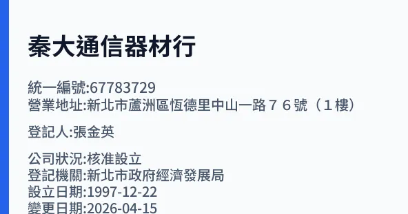 秦大通信器材行的照片-統編 67783729(新北市) 公司登記資料與營業項目詳細圖表