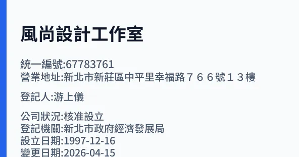 風尚設計工作室的照片-統編 67783761(臺北市) 公司登記資料與營業項目詳細圖表