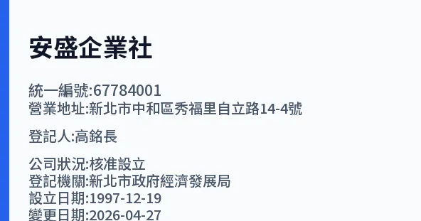 安盛企業社的照片-統編 67784001(新北市) 公司登記資料與營業項目詳細圖表