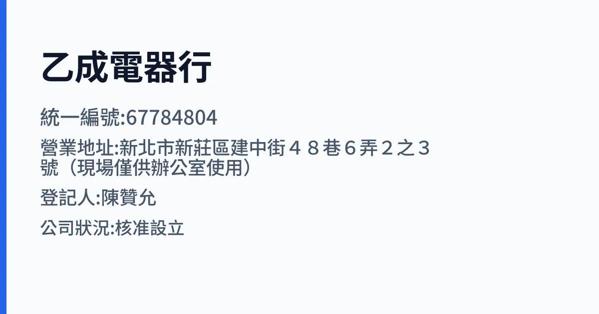 乙成電器行 - 統編 67784804(新北市) 公司登記資料與營業項目詳細圖表