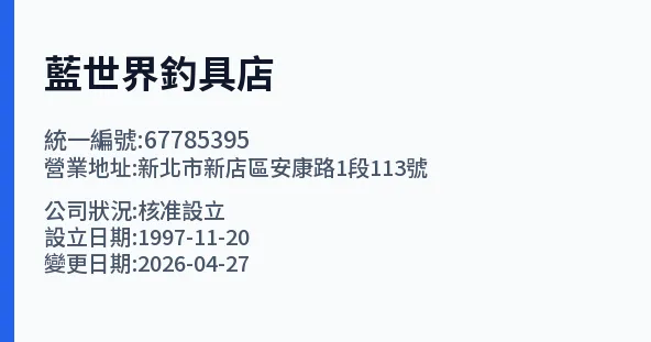 藍世界釣具店的照片-統編 67785395(新北市) 公司登記資料與營業項目詳細圖表
