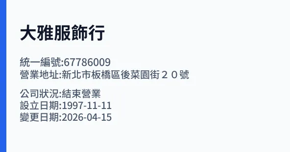 大雅服飾行的照片-統編 67786009(新北市) 公司登記資料與營業項目詳細圖表