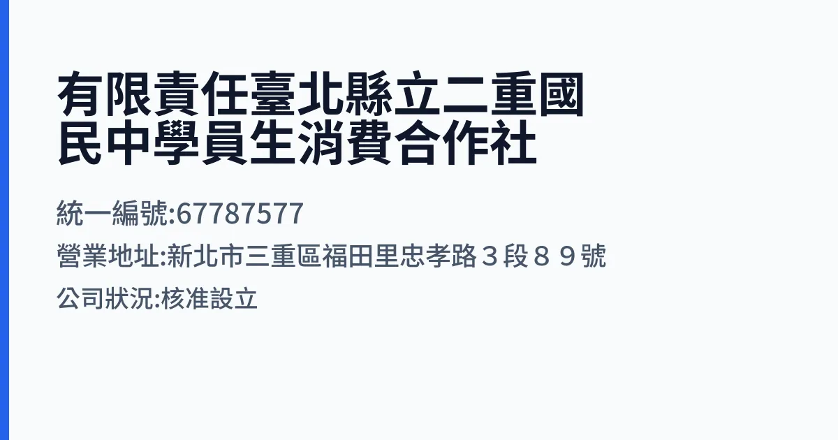 有限責任臺北縣立二重國民中學員生消費合作社 - 統編 67787577(新北市) 公司登記資料與營業項目詳細圖表