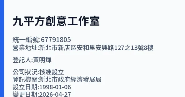 九平方創意工作室的照片-統編 67791805(新北市) 公司登記資料與營業項目詳細圖表