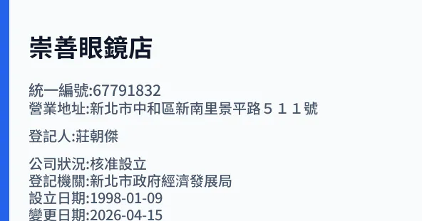 崇善眼鏡店的照片-統編 67791832(新北市) 公司登記資料與營業項目詳細圖表