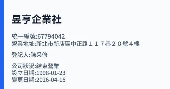 昱亨企業社的照片-統編 67794042(新北市) 公司登記資料與營業項目詳細圖表