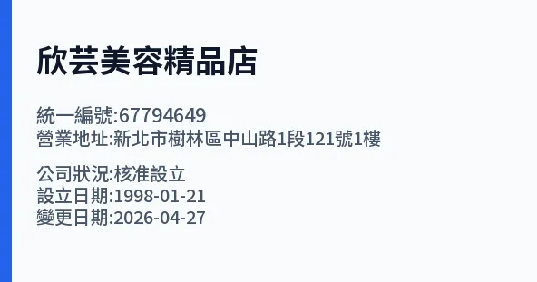 欣芸美容精品店的照片-統編 67794649(新北市) 公司登記資料與營業項目詳細圖表