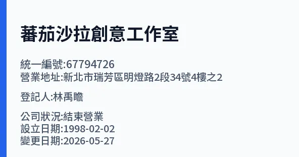 蕃茄沙拉創意工作室的照片-統編 67794726(新北市) 公司登記資料與營業項目詳細圖表