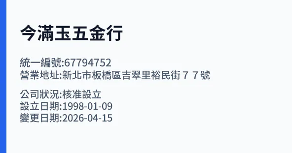 今滿玉五金行的照片-統編 67794752(新北市) 公司登記資料與營業項目詳細圖表