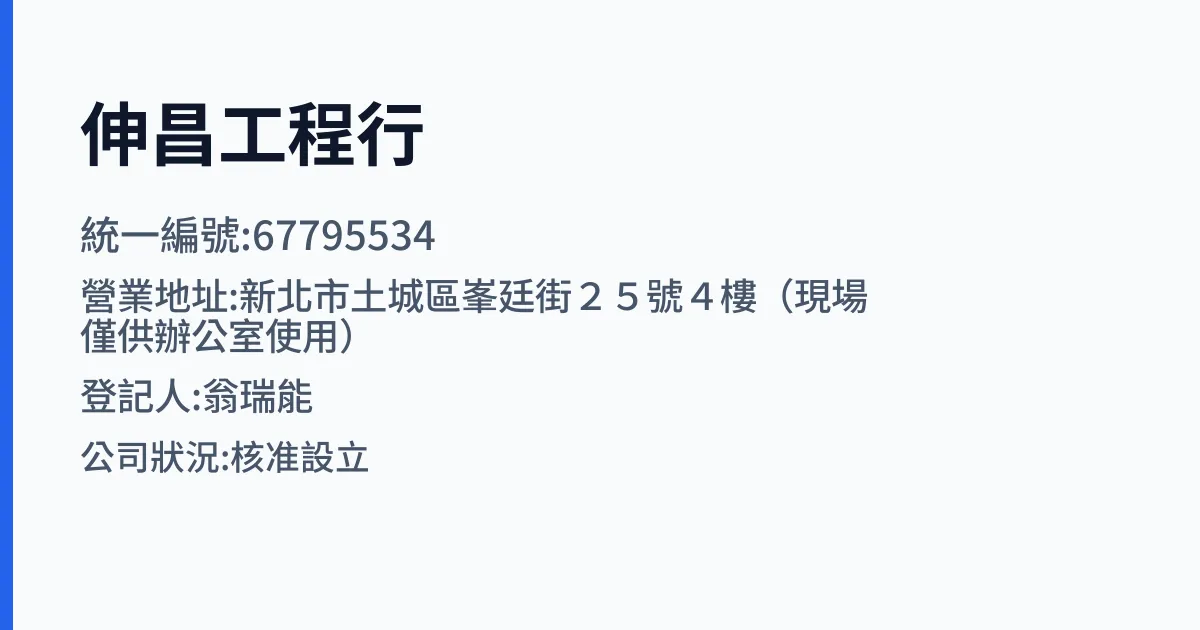 伸昌工程行 - 統編 67795534(新北市) 公司登記資料與營業項目詳細圖表