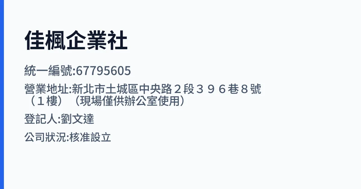佳楓企業社 - 統編 67795605(新北市) 公司登記資料與營業項目詳細圖表