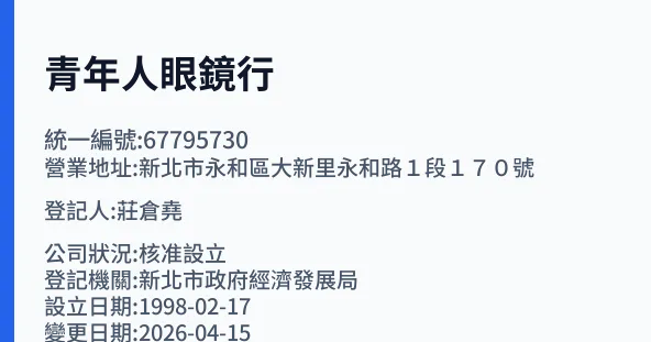 青年人眼鏡行的照片-統編 67795730(新北市) 公司登記資料與營業項目詳細圖表
