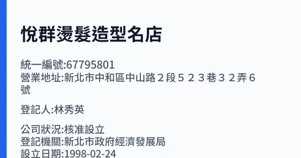悅群燙髮造型名店的照片-統編 67795801(新北市) 公司登記資料與營業項目詳細圖表