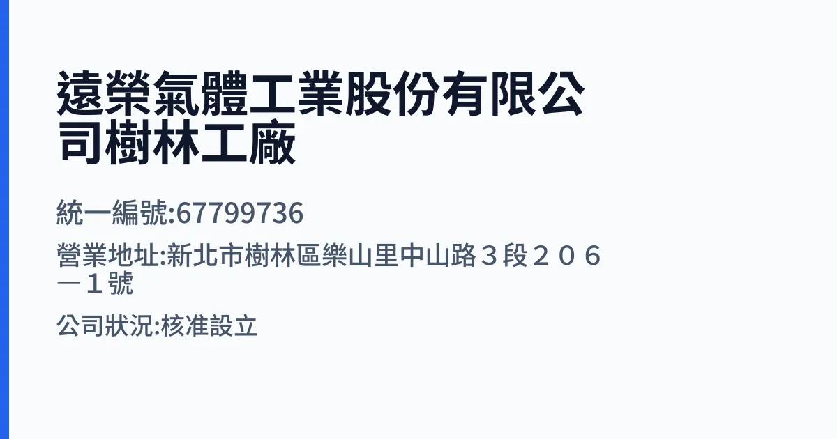 遠榮氣體工業股份有限公司樹林工廠 - 統編 67799736(新北市) 公司登記資料與營業項目詳細圖表
