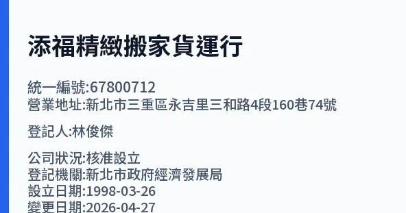 添福精緻搬家貨運行的照片-統編 67800712(新北市) 公司登記資料與營業項目詳細圖表