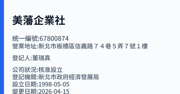 美藩企業社的照片-統編 67800874(新北市) 公司登記資料與營業項目詳細圖表