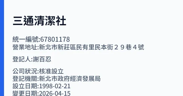 三通清潔社的照片-統編 67801178(新北市) 公司登記資料與營業項目詳細圖表