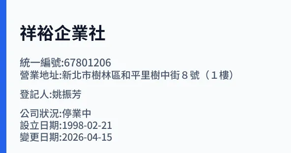 祥裕企業社的照片-統編 67801206(新北市) 公司登記資料與營業項目詳細圖表
