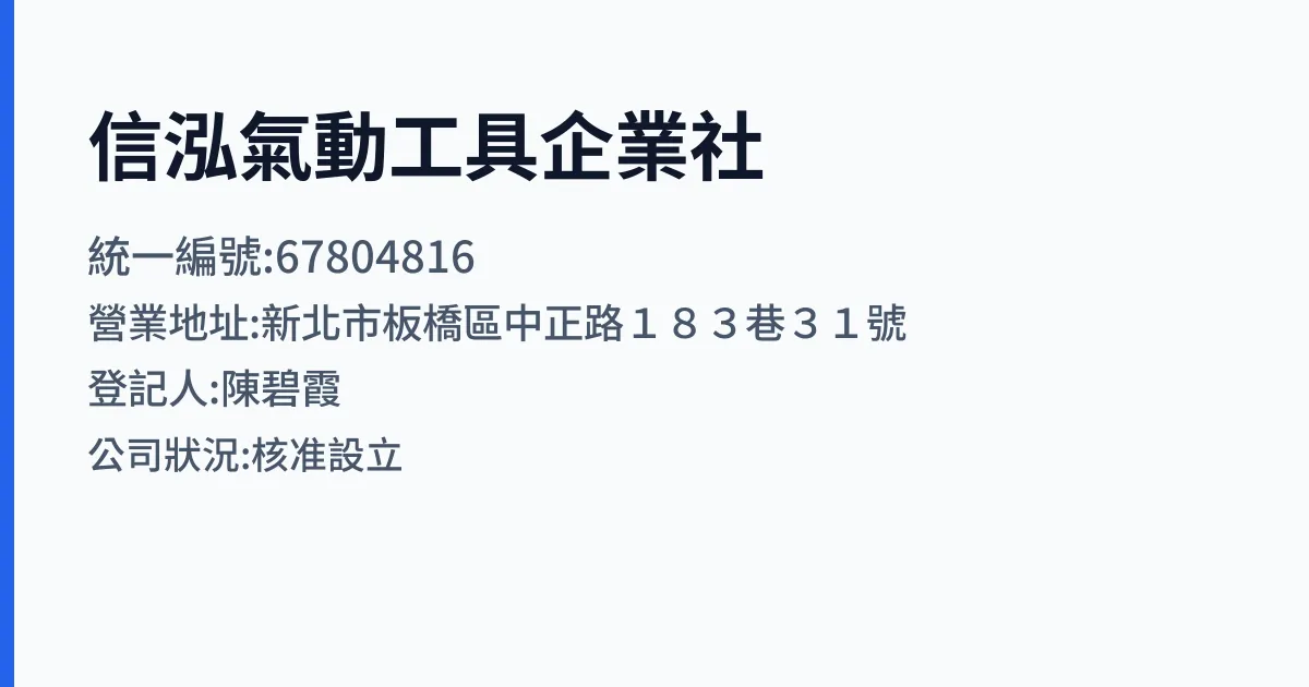 信泓氣動工具企業社 - 統編 67804816(新北市) 公司登記資料與營業項目詳細圖表