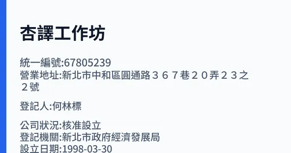 杏譯工作坊的照片-統編 67805239(新北市) 公司登記資料與營業項目詳細圖表