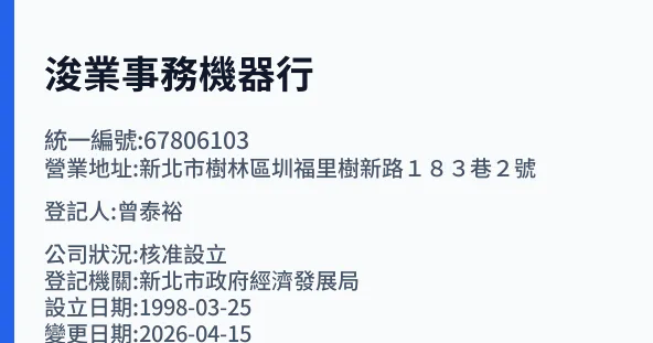 浚業事務機器行的照片-統編 67806103(新北市) 公司登記資料與營業項目詳細圖表