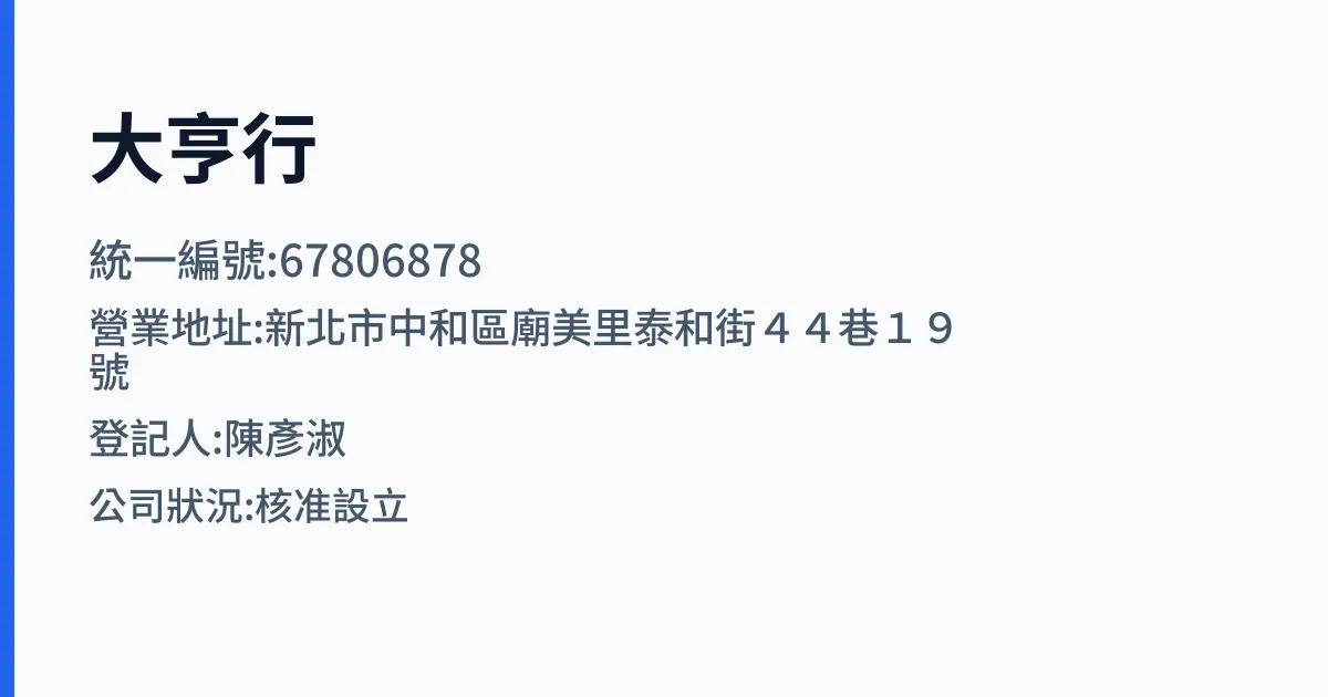 大亨行 - 統編 67806878(新北市) 公司登記資料與營業項目詳細圖表
