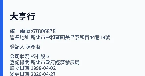 大亨行的照片-統編 67806878(新北市) 公司登記資料與營業項目詳細圖表
