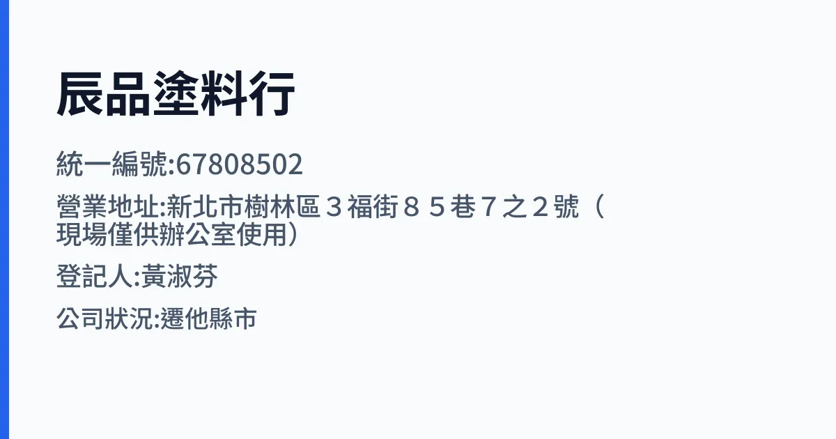 辰品塗料行 - 統編 67808502(桃園市) 公司登記資料與營業項目詳細圖表