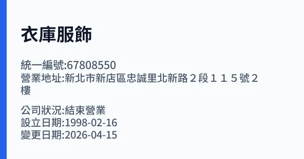衣庫服飾的照片-統編 67808550(新北市) 公司登記資料與營業項目詳細圖表