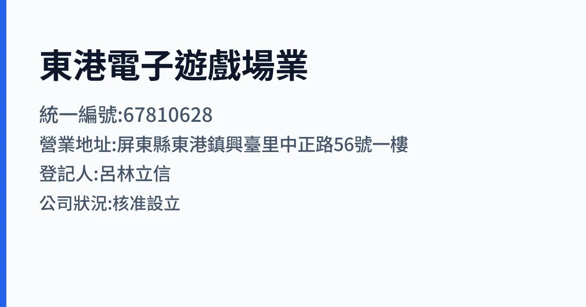 東港電子遊戲場業 - 統編 67810628(屏東縣) 公司登記資料與營業項目詳細圖表