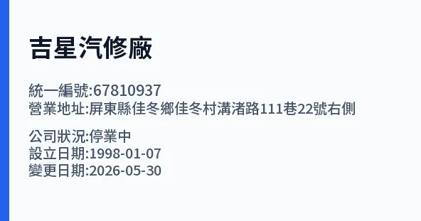 吉星汽修廠的照片-統編 67810937(屏東縣) 公司登記資料與營業項目詳細圖表